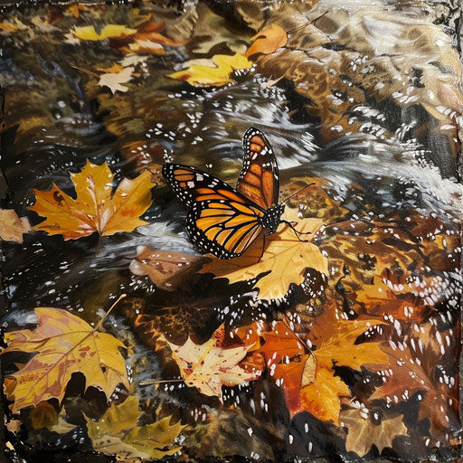 Monarch Butterfly journeying above a babbling brook, surrounded by ...