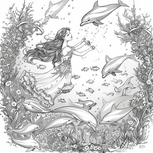 Cute princess swimming with dolphins in magical underwater – IMAGELLA