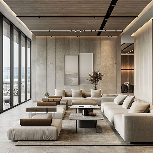 Contemporary office lounge with comfortable sofas and coffee tables ...