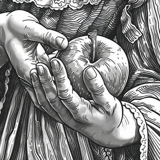 Forbidden apple in Eve's hand. Coloring book page – IMAGELLA