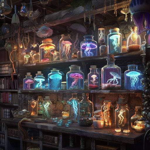 Mythical potion shop with jars filled with jellyfish essence for ...