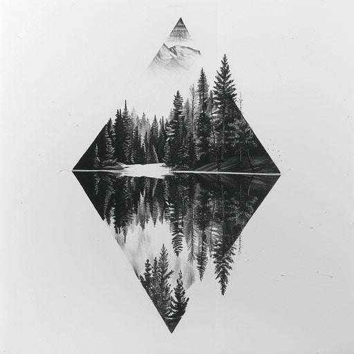 Hyper-realistic triangle tattoo drawing with mirrored lake scene – IMAGELLA
