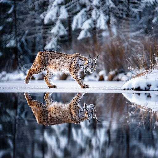 A lynx crossing a frozen lake, reflecting its image on the ice ...