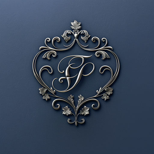 Logos with monogram and delicate filigree, silver accents on dark blue ...