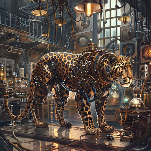 Steampunk laboratory with mechanical leopard invention – IMAGELLA