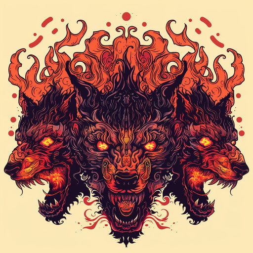Intricate flat tattoo sketch of a Cerberus with three fiery red and ...