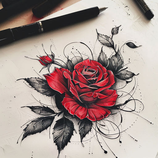 High-contrast tattoo sketch of a red rose – IMAGELLA