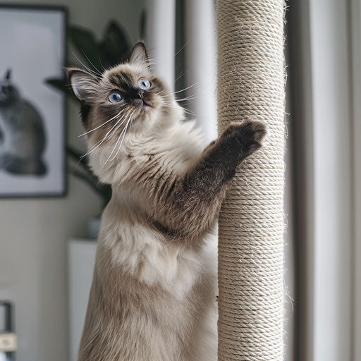 Himalayan cat climbing a scratching post in a stylish apartment – IMAGELLA