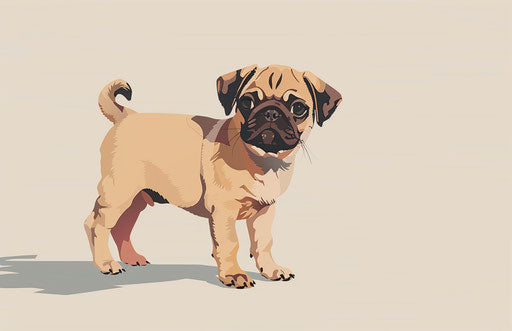 A pug puppy on white background, light maroon and light beige style ...
