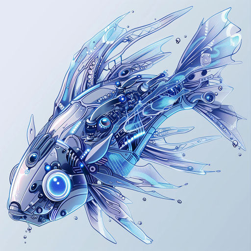 Cybernetic fish swims in digital blue and silver water – IMAGELLA