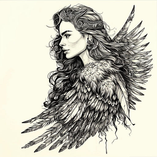 Classic flat tattoo sketch of Freya with a detailed depiction of her ...