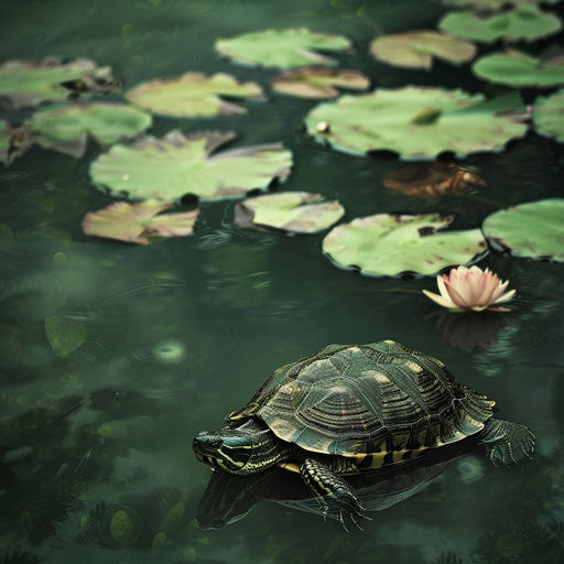 Snapping turtle in a serene pond with floating lily pads – IMAGELLA