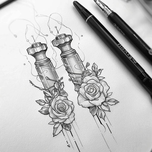 Elegante boceto de tatuaje plano de un pistón entrelazado con delicados patrones florales – IMAGELLA