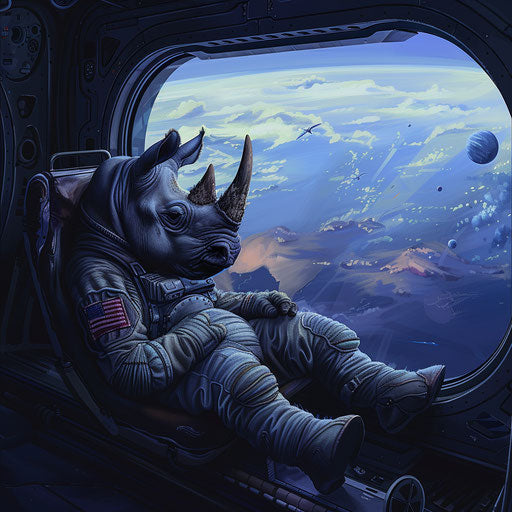 Astronaut rhino floating in space, gazing at Earth – IMAGELLA