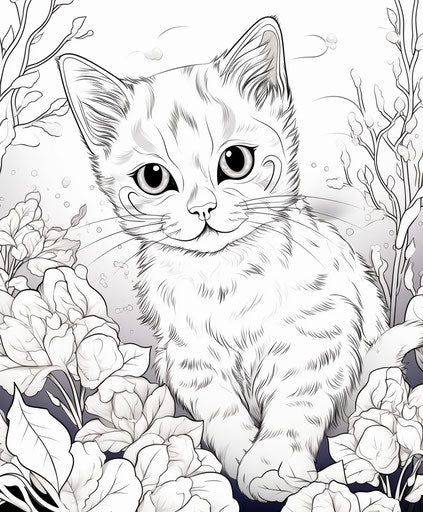 Coloring page with a kitten in the snow, glamorous kitsch style, pretty ...