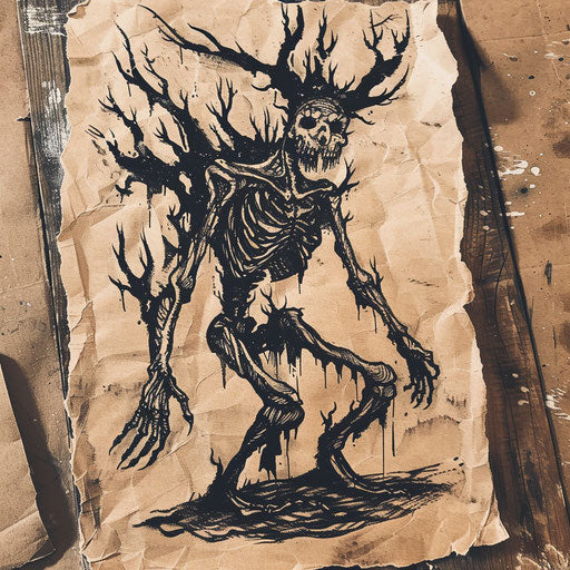 Rustic flat tattoo sketch of a Wendigo in a traditional woodcut style ...