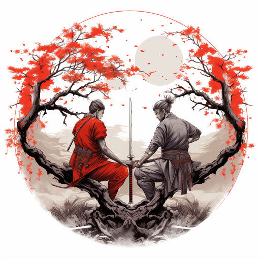 Two men holding swords on the zen art circle, inkblots style red and ...