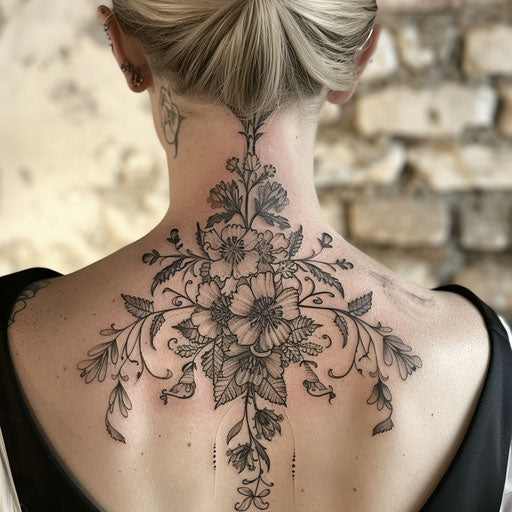 Botanical back neck tattoo, Maria Sibylla Merian style – IMAGELLA