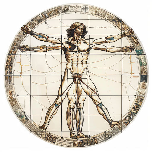 Reflective tattoo sketch of the Vitruvian Man with translucent layers ...