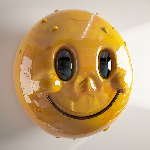 Hyper-realistic 3D rendered smiley face tattoo design on white stage ...