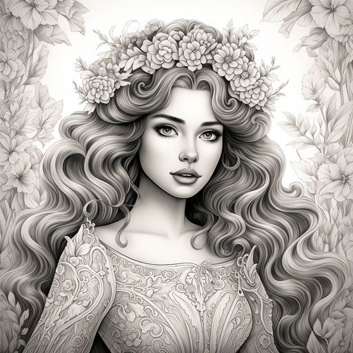 Coloring page with a beautiful princess, Ruth Sanderson style – IMAGELLA