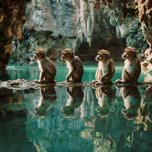 Monkeys admiring their reflection in a crystal-clear lagoon – IMAGELLA