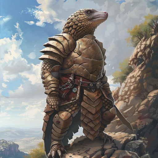 A pangolin knight in shining armor, standing heroically atop a hill ...
