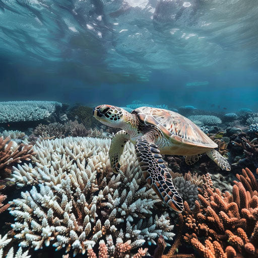 Sea turtle swimming over coral bleaching scene – IMAGELLA