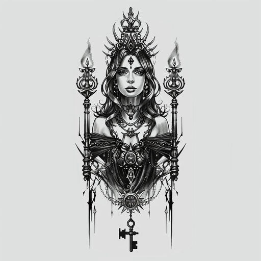 Gothic tattoo illustration of goddess with torches and keys – IMAGELLA