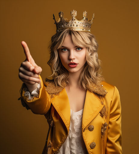 Woman with gold crown and pointing finger, princess style – IMAGELLA