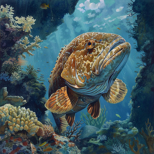 A Warsaw grouper at the edge of a coral drop-off, looking into the deep ...