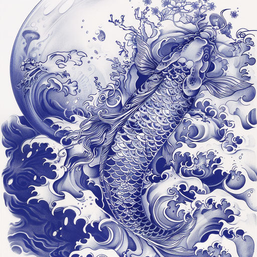 Japanese ink art tattoo sketch for 666, waves and koi fish – IMAGELLA
