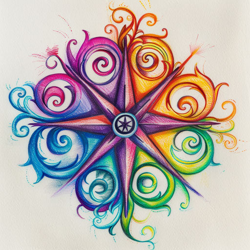 Psychedelic sketch of a compass rose with swirling patterns and vibrant ...