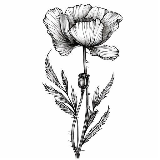 Illustrative poppy tattoo design with fine lines and detailed shading ...