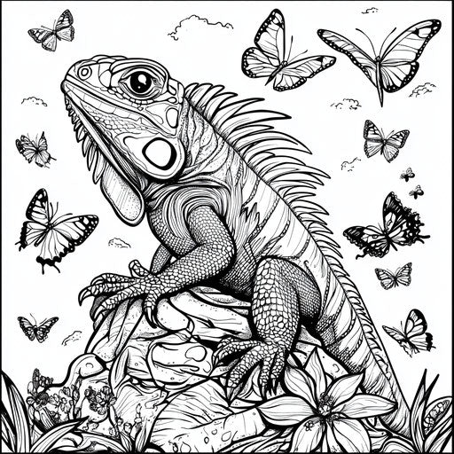 Playful iguana with butterflies, Teagan White style, Coloring book page ...
