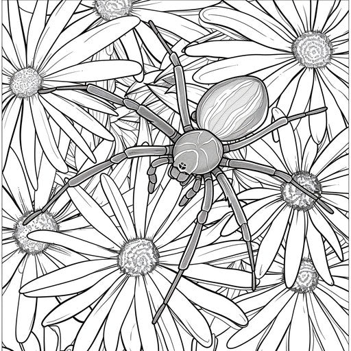 A black widow spider playfully interacting with flowers in the style of ...