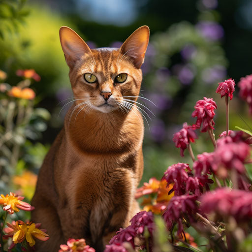 Abyssinian cat in a flower bed with beautiful flowers – IMAGELLA