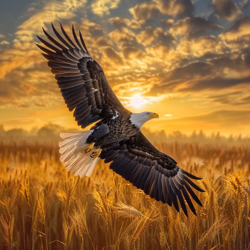American eagle soaring over a golden wheat field in the Midwest at ...