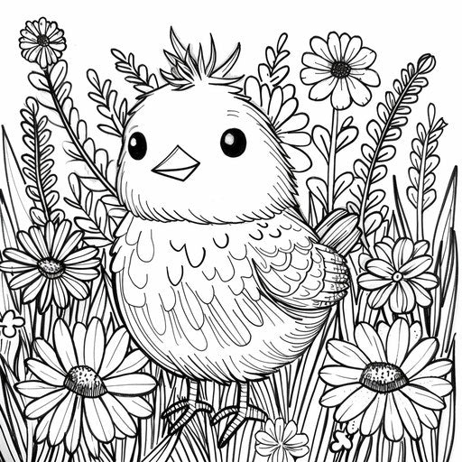 A whimsical chick in a floral garden in the style of Teagan White ...