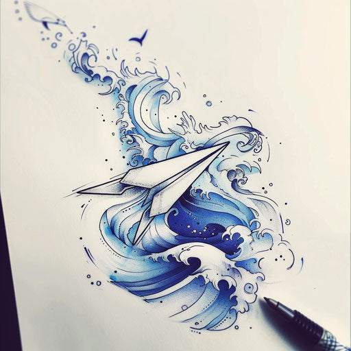 Zen tattoo sketch of a paper airplane with minimalist waves and serene ...