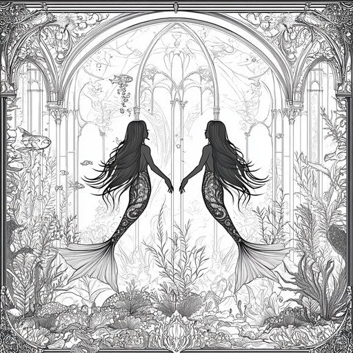 Gothic underwater scene with dark mermaids coloring page – IMAGELLA