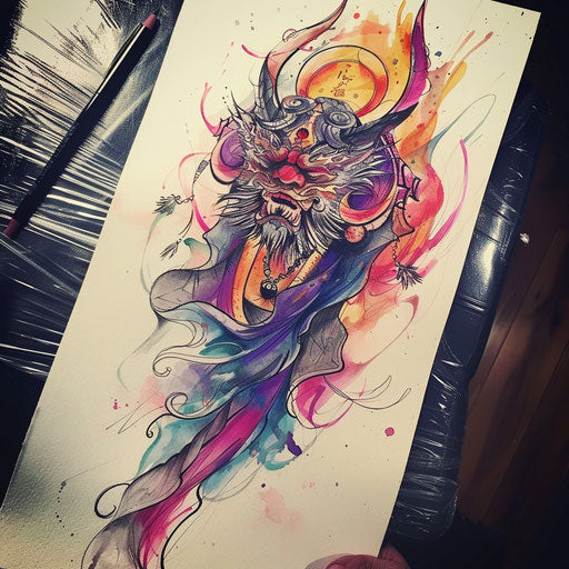 Watercolor tattoo sketch of a Tengu with flowing colors and transparent ...
