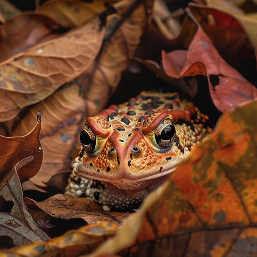Close-up of a Western leopard toad camouflaged in a bed of autumn ...