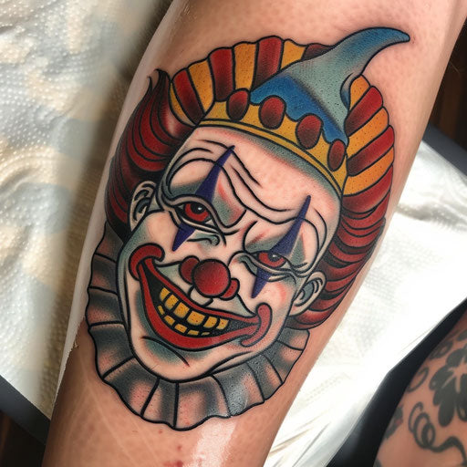 Neo-traditional clown tattoo with rich colors and bold outlines on ...