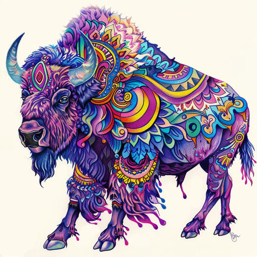 Vivid sketch of a bison with psychedelic swirl patterns – IMAGELLA