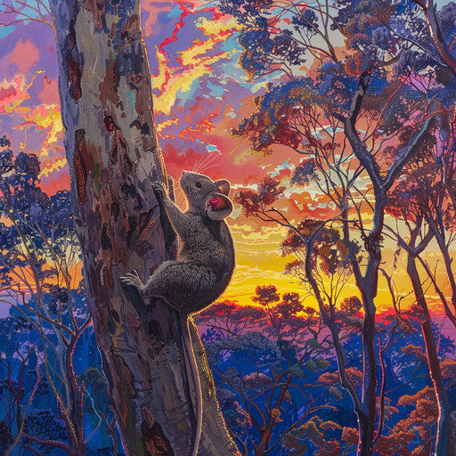An antechinus climbing a tree at colorful sunset in the Australian bush ...
