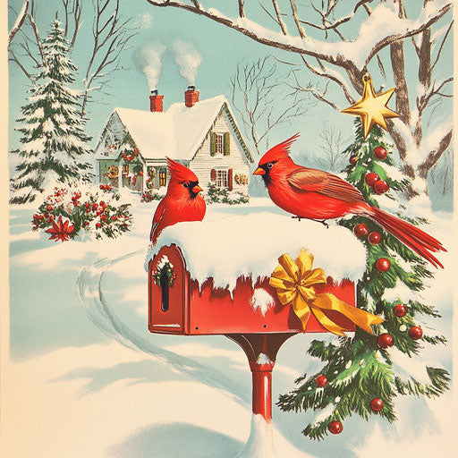 Festive Christmas scene with red birds on an open mailbox – IMAGELLA