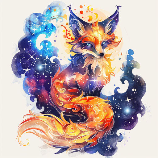 Cosmic flat tattoo sketch of a kitsune with starry patterns and nebula ...