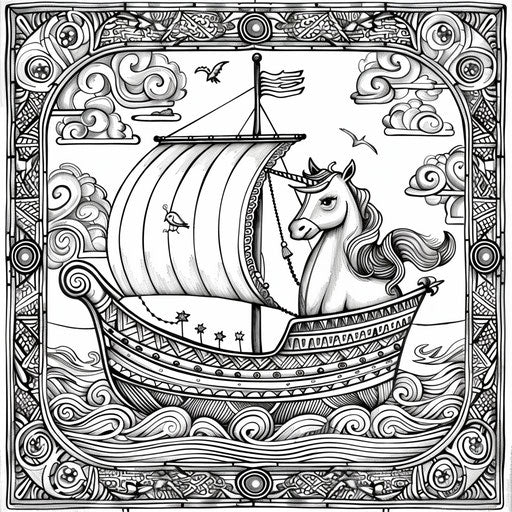 Whimsical boat with unicorn figurehead sailing through fantasy world ...