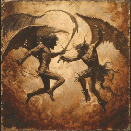 Angel and demon battling in the style of Gerald Brom – IMAGELLA